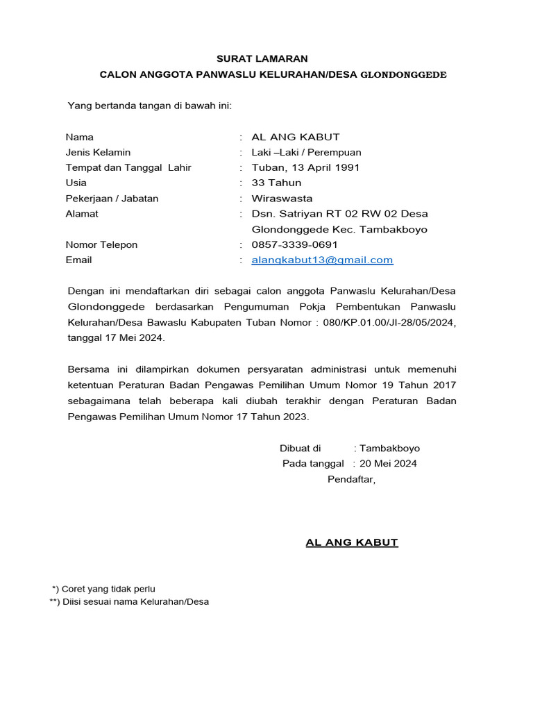 Lamaran Calon Anggota Panwaslu Glondonggede | PDF