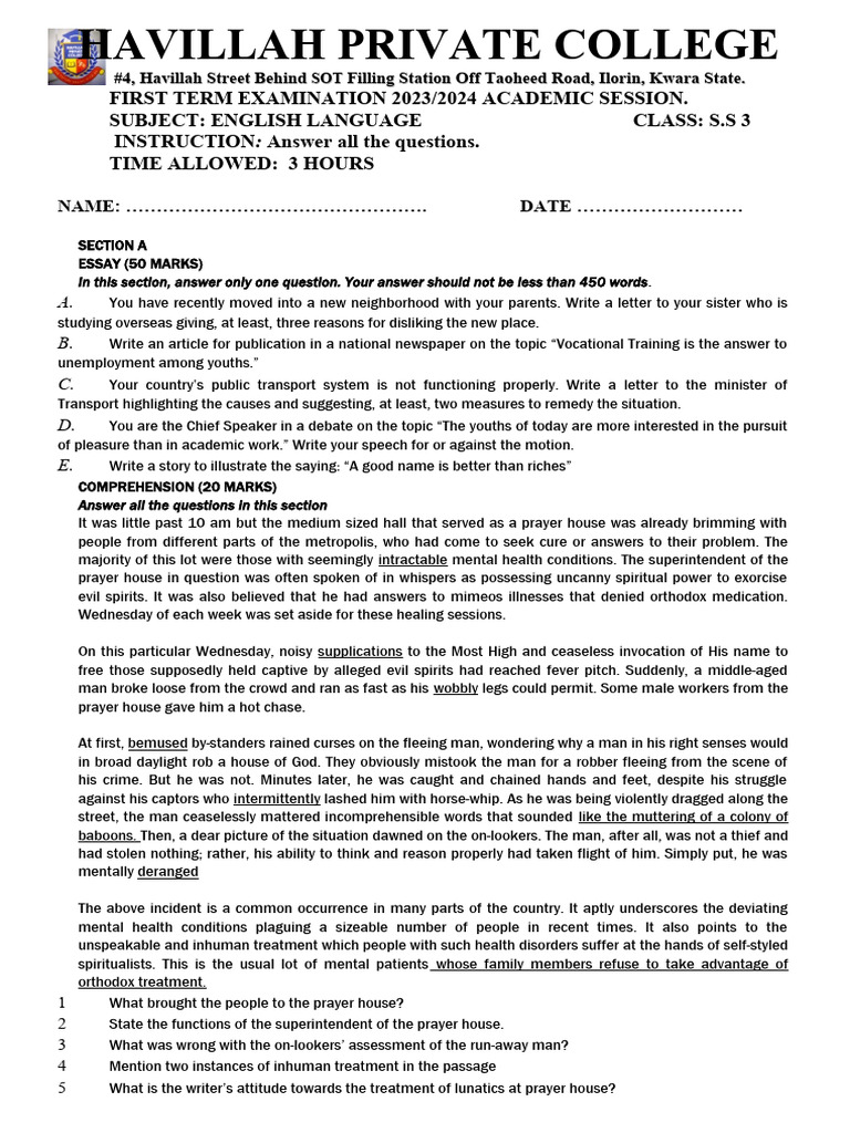 SS 3 English First Term Exam Doc 2023 - 2024 Academic Session | PDF ...