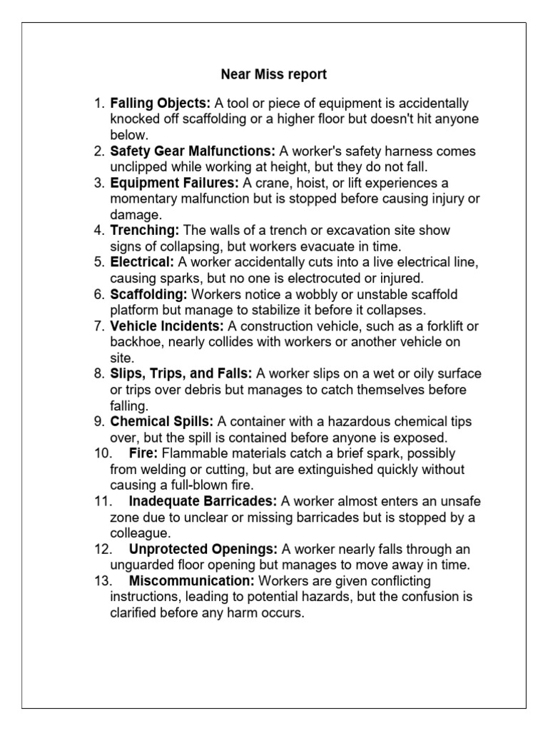 Construction Near Miss Report Examples | PDF | Emergency | Safety
