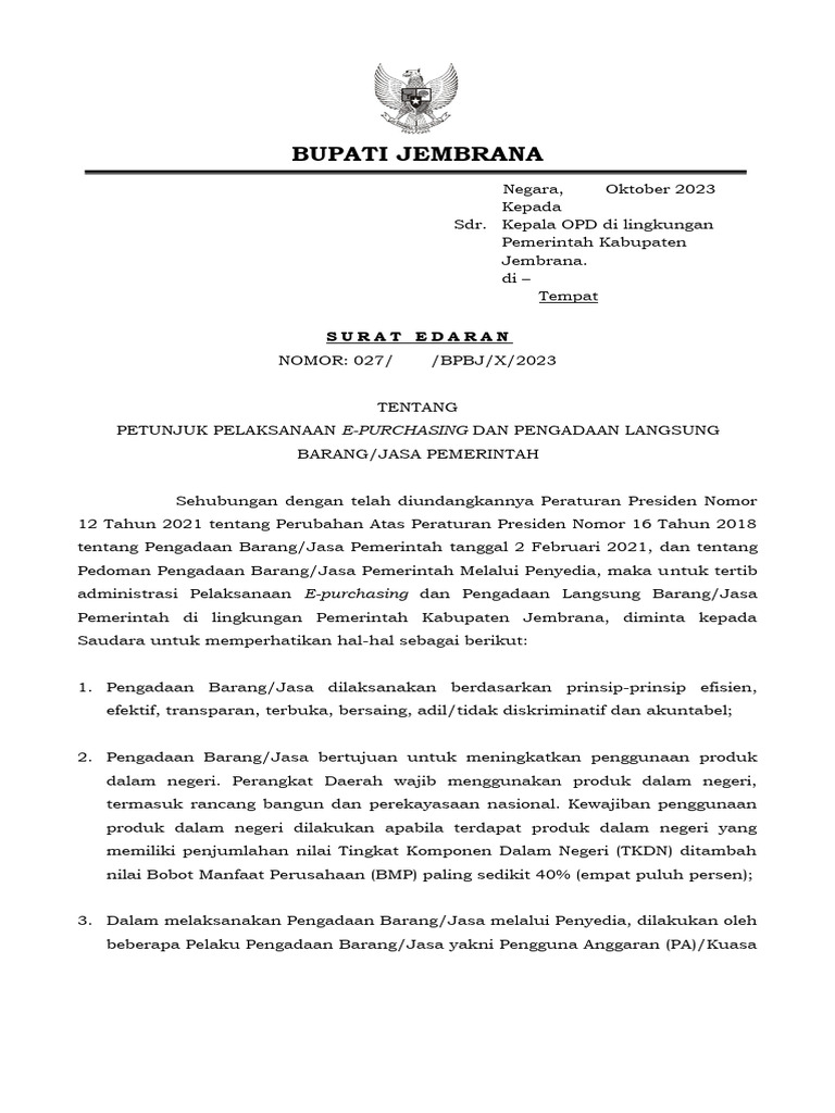 Draft Surat Edaran Pelaksanaan Pengadaan Barang Dan Jasa 2023 | PDF