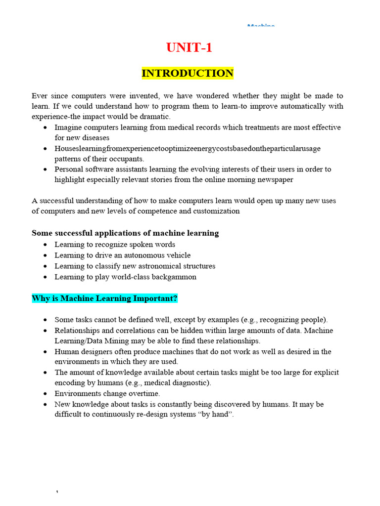 ML - Unit 1 - Part I | PDF | Machine Learning | Function (Mathematics) ML - Unit 1 - Part I | PDF | Machine Learning | Function (Mathematics)