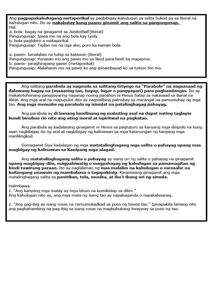 Handouts Parabula NG Banga Matatalinghagang Salita Parabula Pagpapakahulugang Metaporikal | PDF
