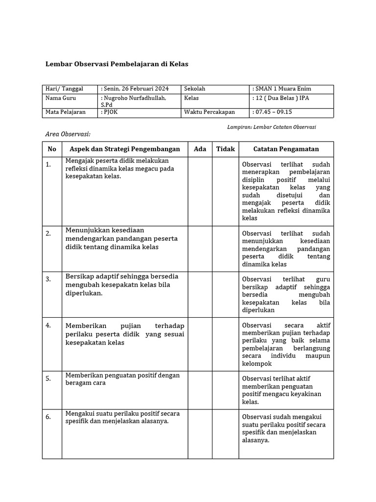 2 - Lembar Observasi Pembelajaran Di Kelas | PDF | Karier & Perkembangan