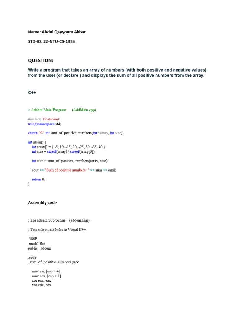 C++ & Assembly: Sum Positive Numbers | PDF | Technology & Engineering