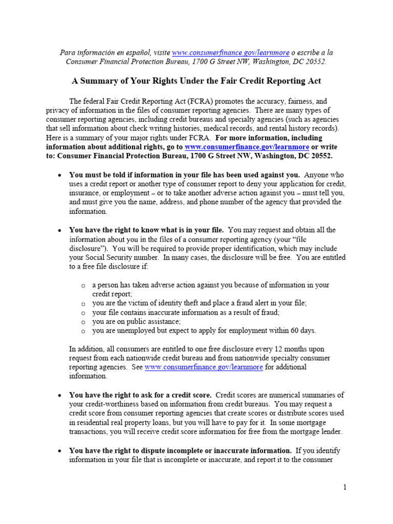 Summary of Rights Under The Fair Credit Reporting Act Combined English ...