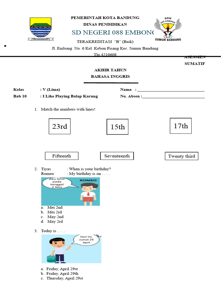 Soal Asat Bahasa Inggris Kelas 5 | PDF | Indonesia