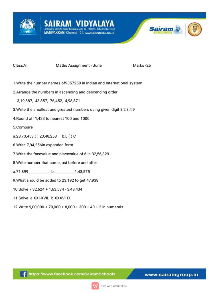 Maths Assignment Class 6 - 1 | PDF