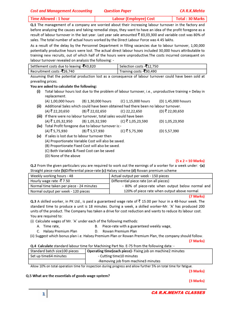 5 Test Paper Labour Employee Cost 22-03-2024 | PDF | Piece Work ...