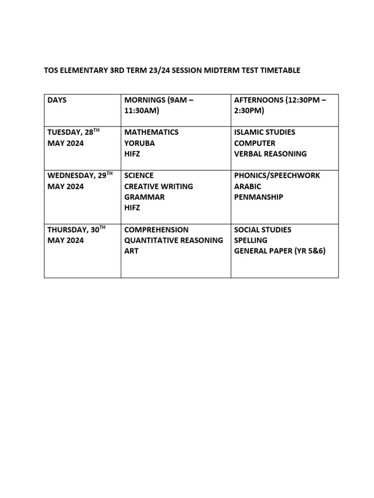 3rd Term Test Timetable 2023-2024 | PDF