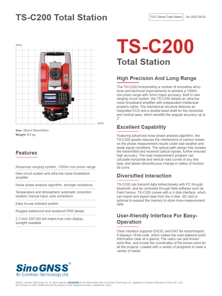 SinoGNSS TS-C200 - HD Total Station Datasheet | PDF | Accuracy And Precision | Computer Science