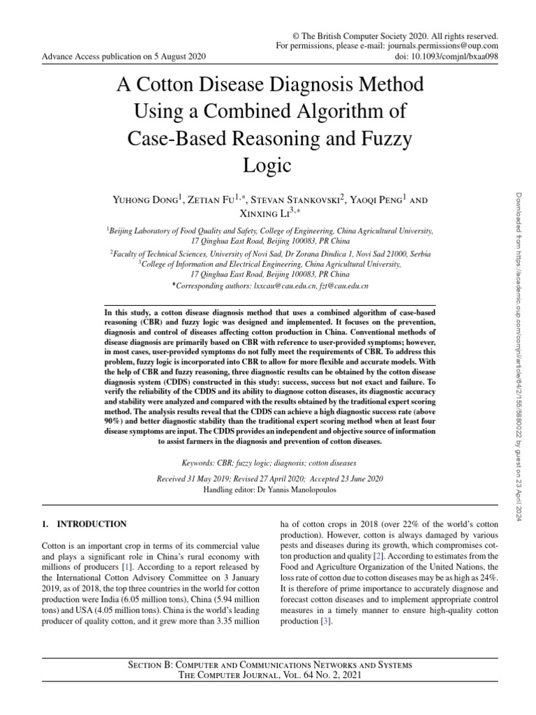 A Cotton Disease Diagnostic Method Using Combine Algorithm of CBR and Fuzzy Logic | Download ...