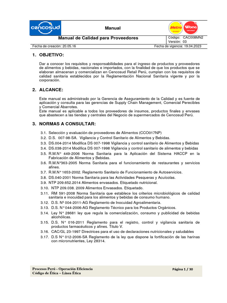 Manual Calidad para Proveedores - v19.04.2023 | PDF | Análisis de Riesgo y Puntos Críticos de ...