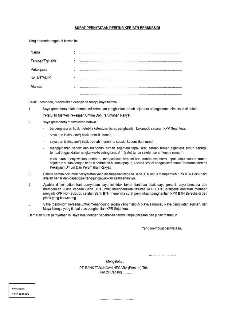 Contoh Form Surat Pernyataan Debitur KPR BTN Bersubsidi | PDF
