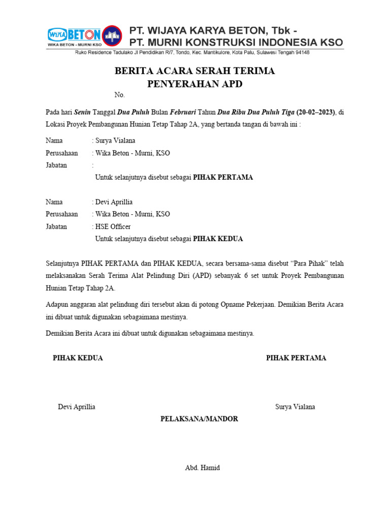 Serah Terima APD Proyek Hunian 2A | PDF