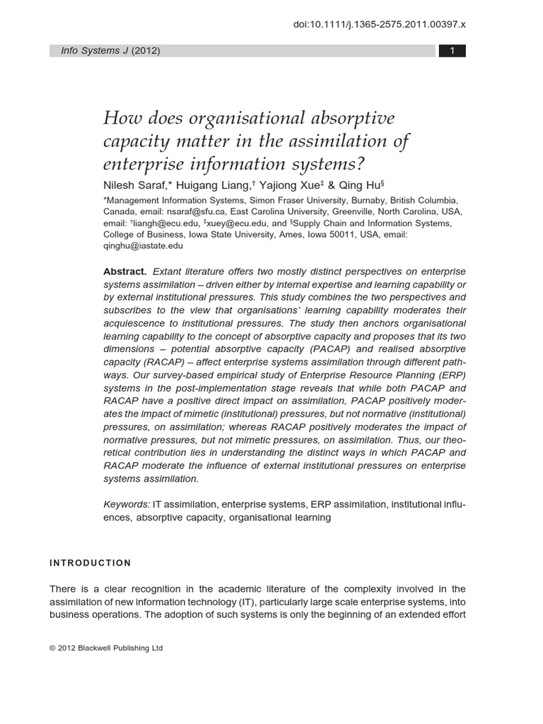 Absorptive Capacity in ERP Assimilation | PDF | Career & Growth