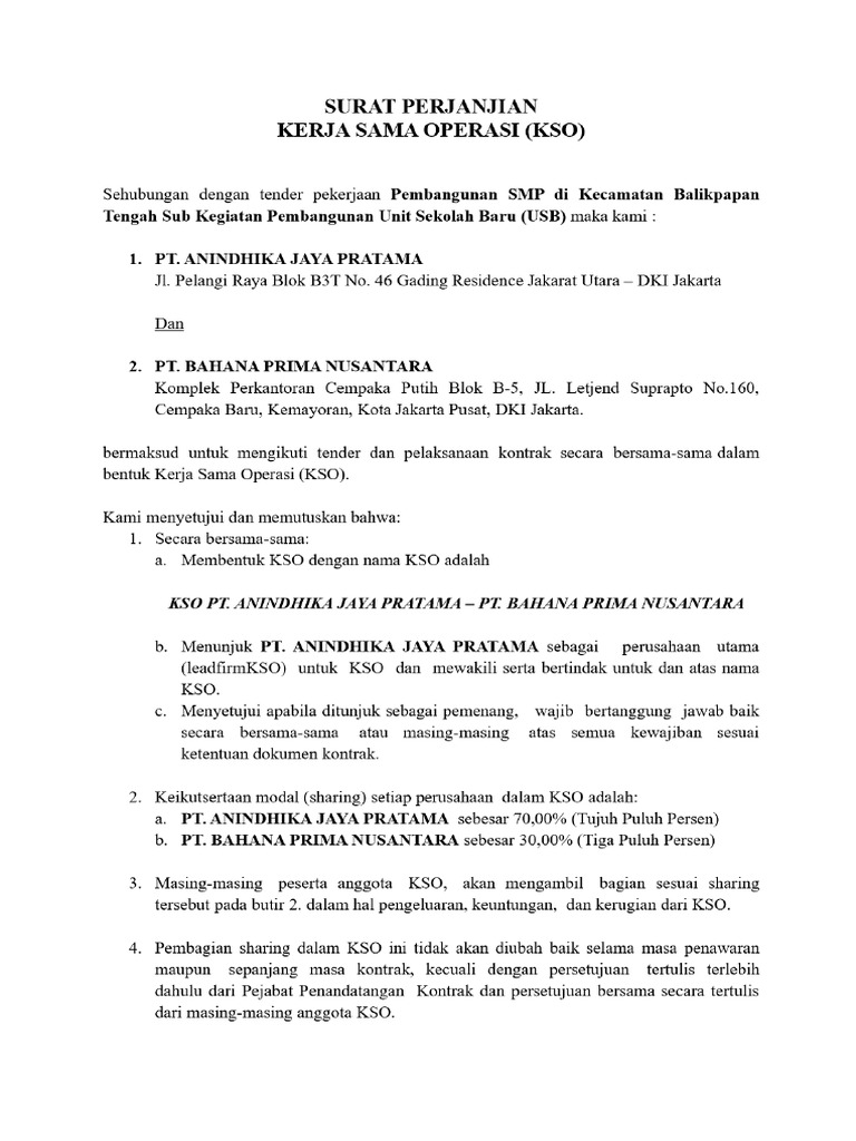 Surat Perjanjian Kso Anindhika Bhana | PDF