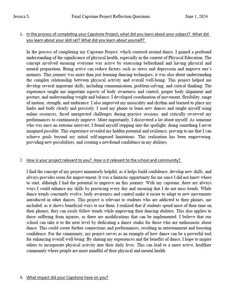 Capstone Final Reflection J | PDF | Dances | Experience