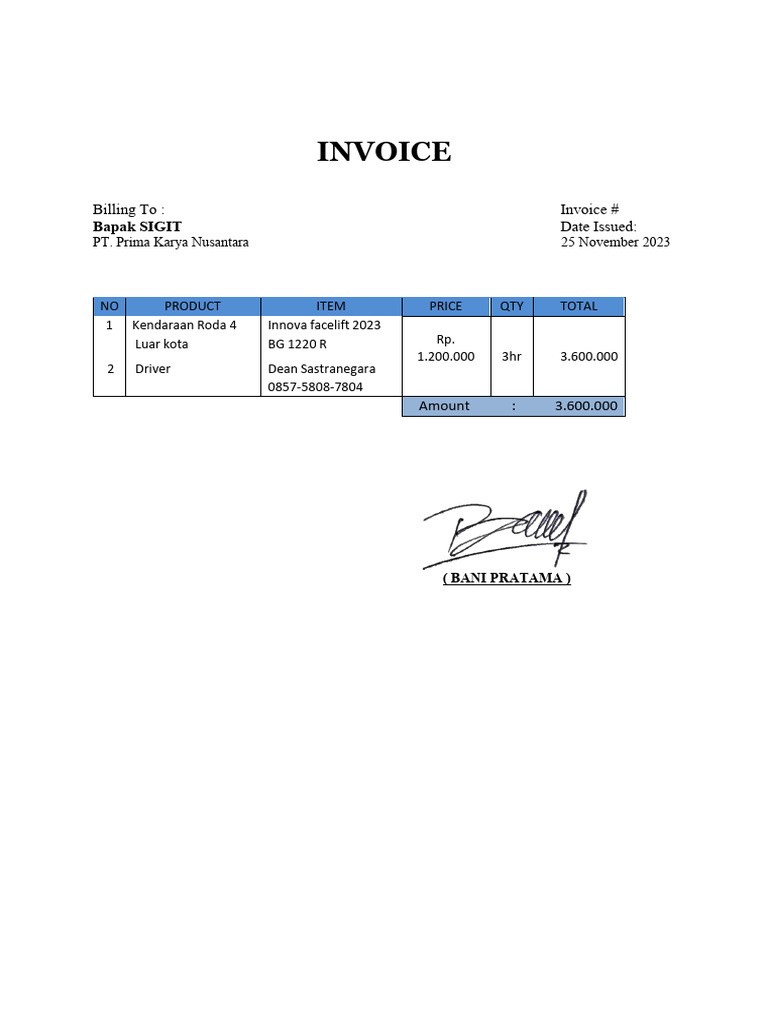 Invoice Sewa Mobil | PDF