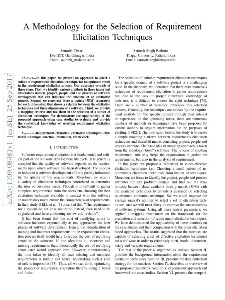 A Methodology For The Selection of Requirement Elicitation Techniques ...