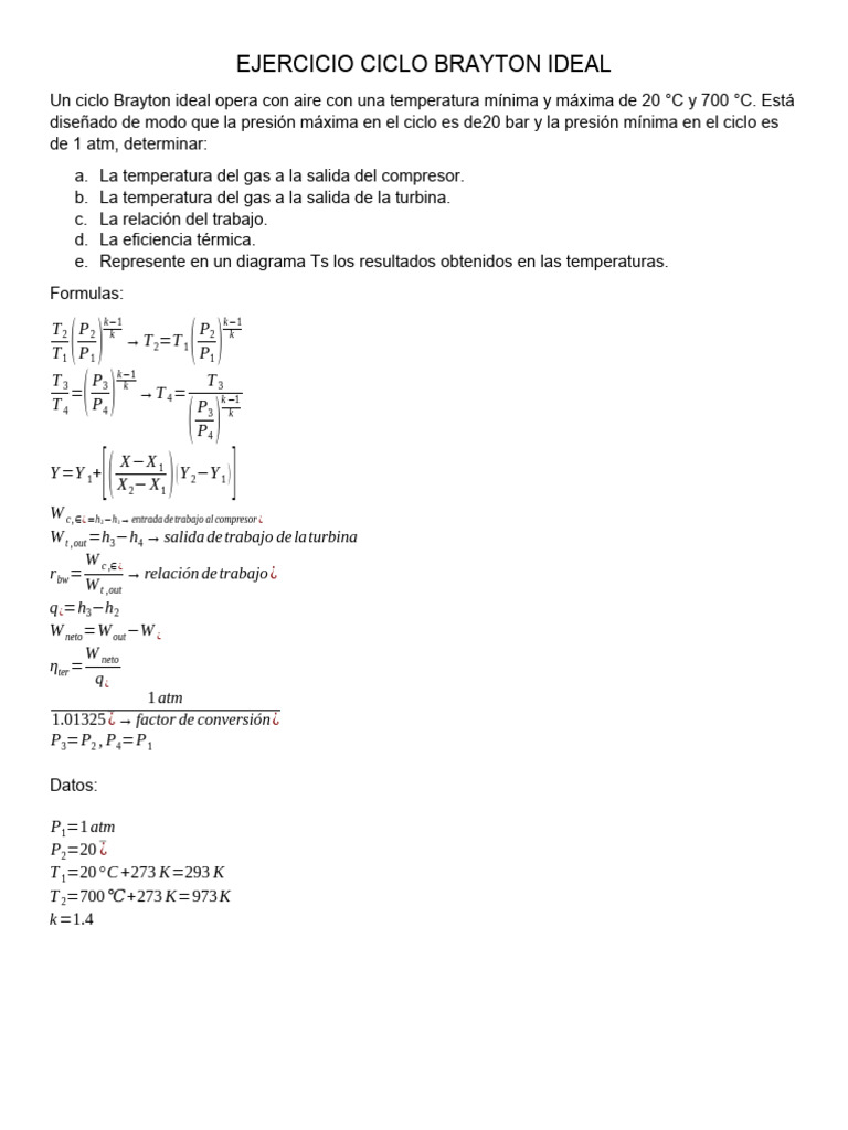 Ejercicio Ciclo Brayton Ideal | PDF | Fenómenos científicos | Temperatura