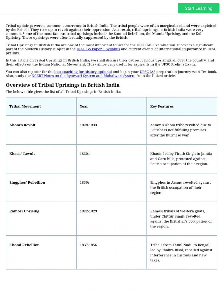 Tribal Uprisings in India - Learn Its Causes, Phases & Impact | PDF