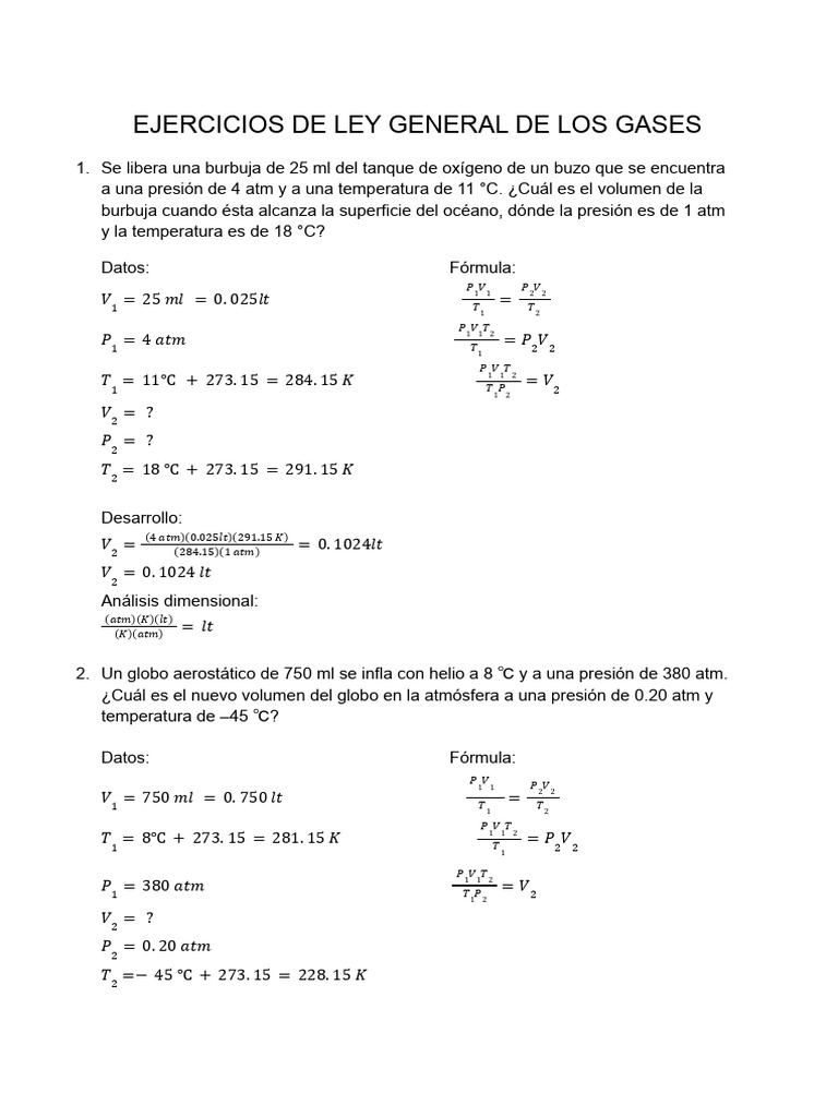 Ejercicios de Ley General de Los Gases | PDF | Atmósfera | Gases