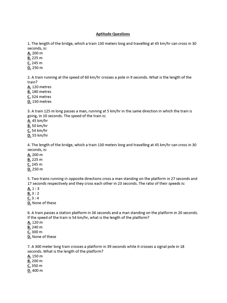 Aptitude Questions | PDF | Speed | Metre
