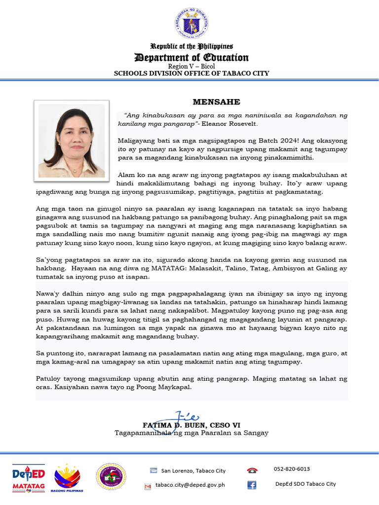 Message For Graduation SY 2023 24 | PDF