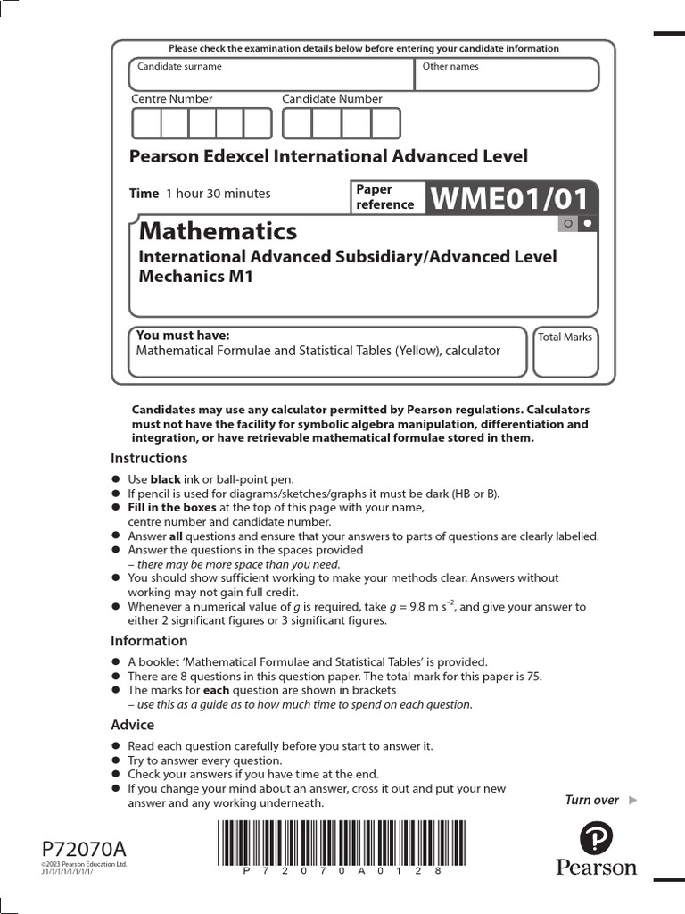 Mechanics M1 January 2023 Question Paper Wme01-01-Que-20230118 | PDF | Acceleration | Mechanical ...