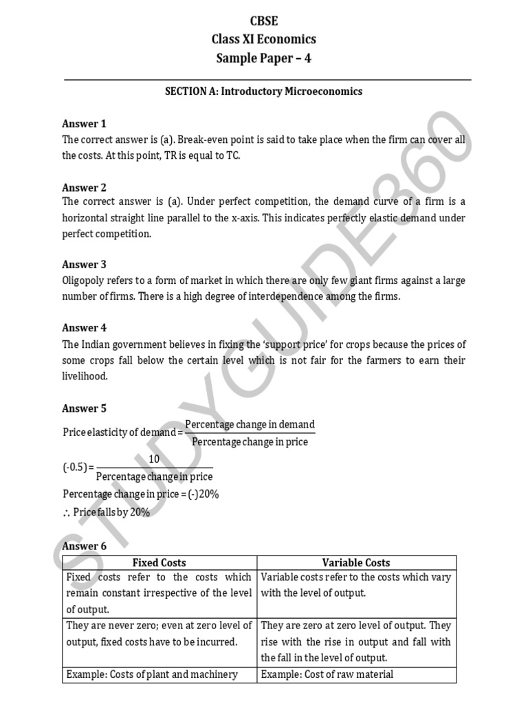 Class 11 Economics Sample Paper 4 Solutions | Download Free PDF ...