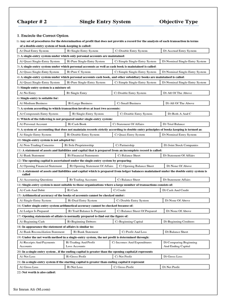 Chapter 2 MCQ Single Entry System | PDF | Debits And Credits | Bookkeeping
