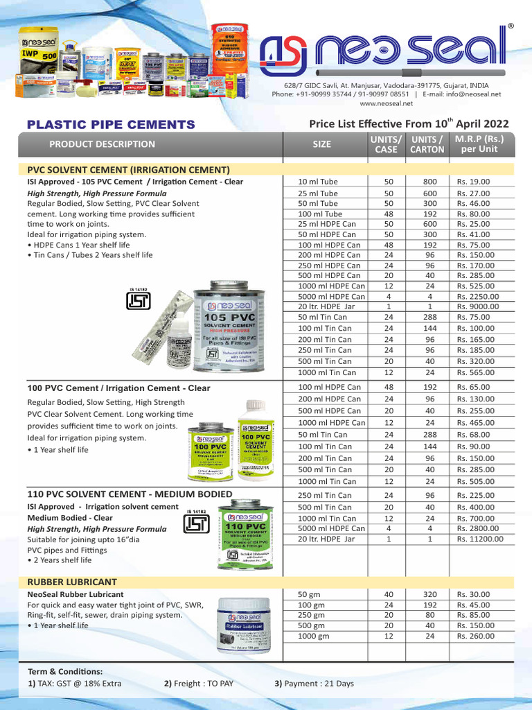 NeoSeal Price List-10!04!2022 - Low | PDF | Lamination | Pipe (Fluid ...