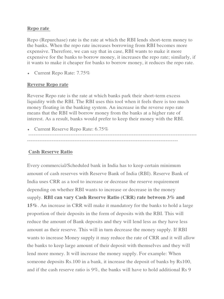 Repo Rate | PDF | Reserve Bank Of India | Overdraft