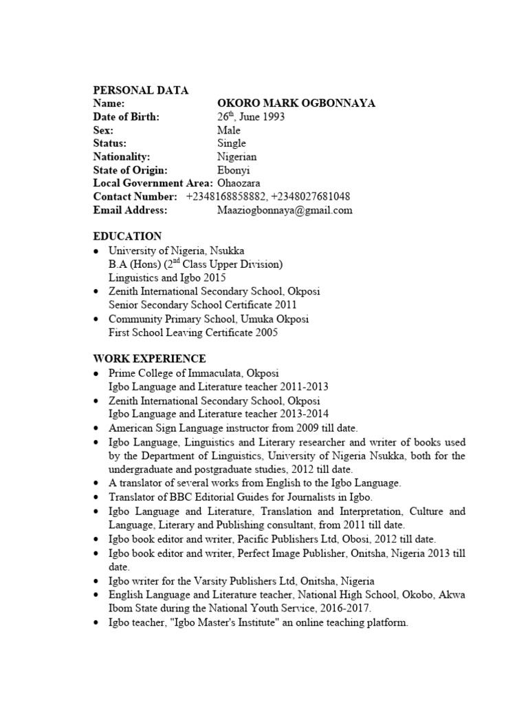 Okoro Mark Ogbonnaya | PDF | Translations | University