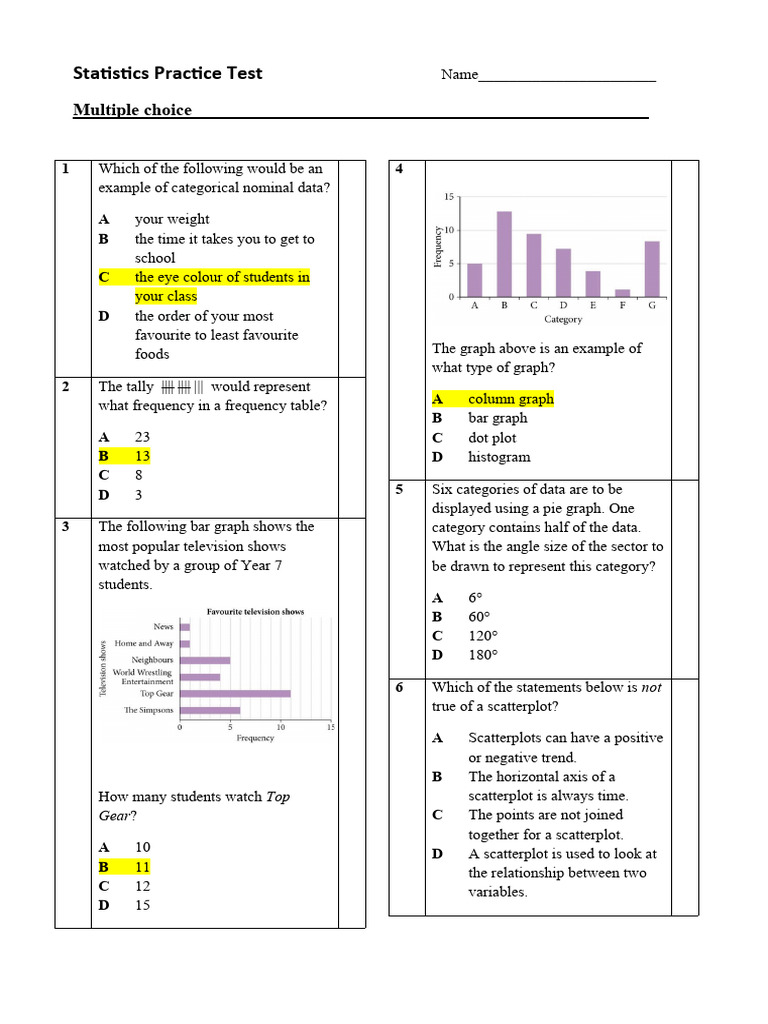 U5 Year 7 Practice Test | PDF | Scatter Plot | Statistics