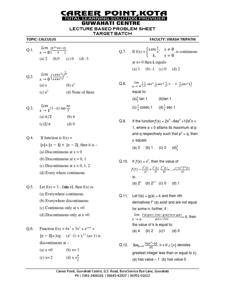 Calculus Assignment Iit Jee Aieee Pdf