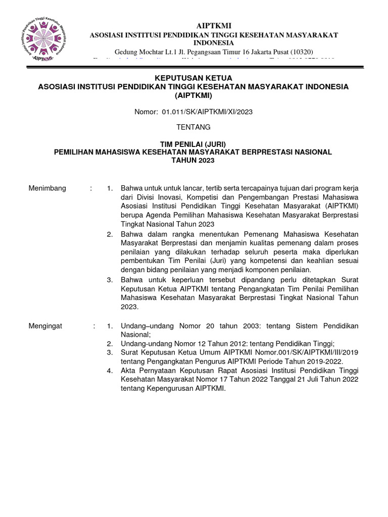 Tim Juri Pemilihan Mahasiswa Kesehatan 2023 | PDF