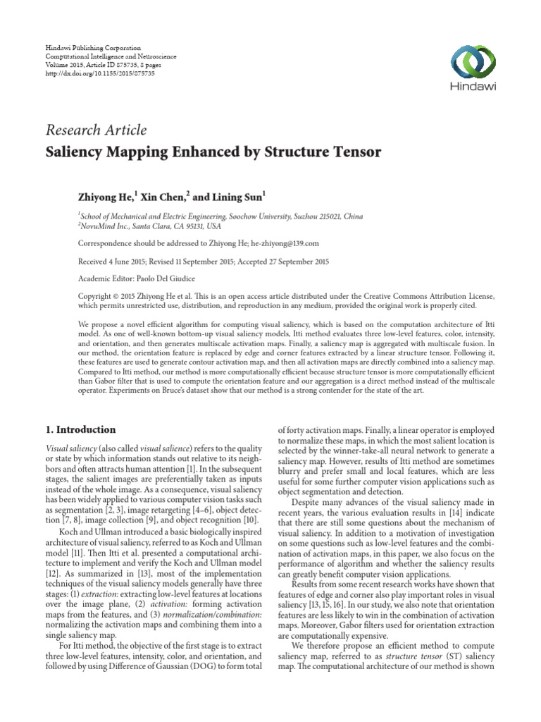 Research Article: Saliency Mapping Enhanced by Structure Tensor | PDF | Computer Vision | Image ...