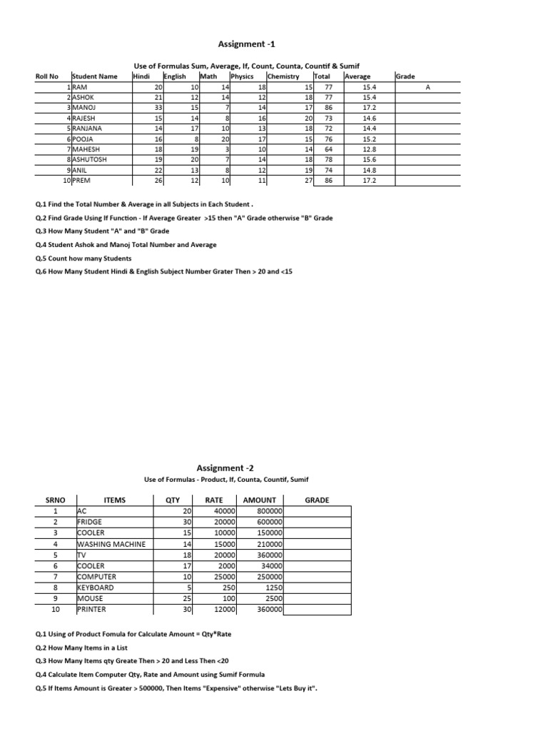 Excel Practical Assignments1 | PDF | Fruit | Vegetables