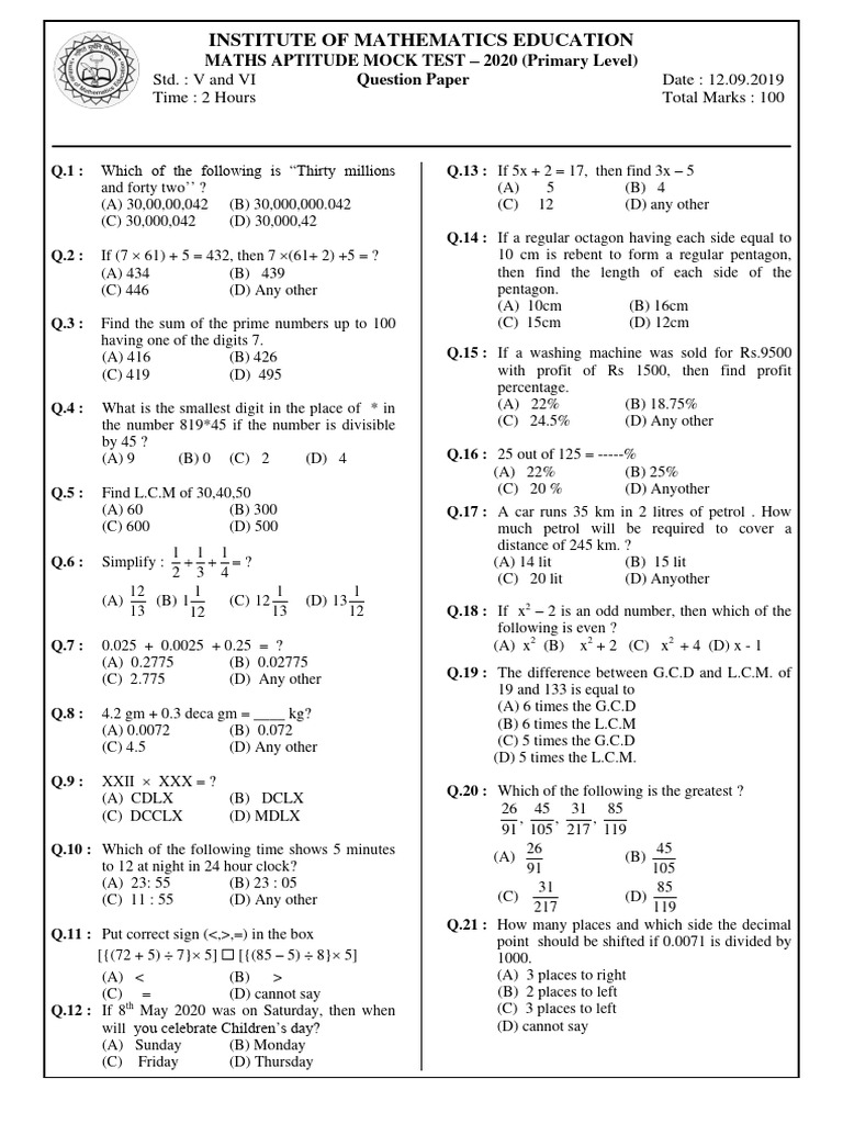 IME - Maths Apt - V-VI - Test 2020 | PDF | Elementary Geometry