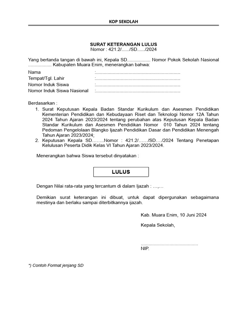 CONTOH SURAT KETERANGAN LULUS 2024 - Kab Muara Enim | PDF