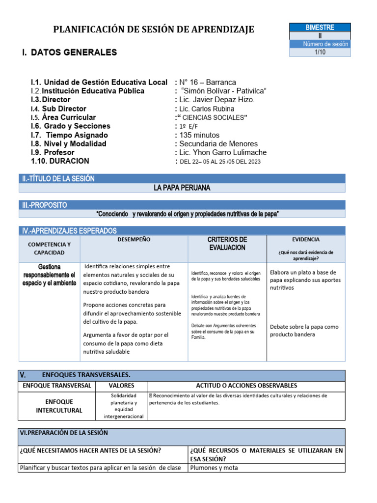 Sesión de Aprendizaje Dia de La Papa | PDF Sesión de Aprendizaje Dia de La Papa | PDF