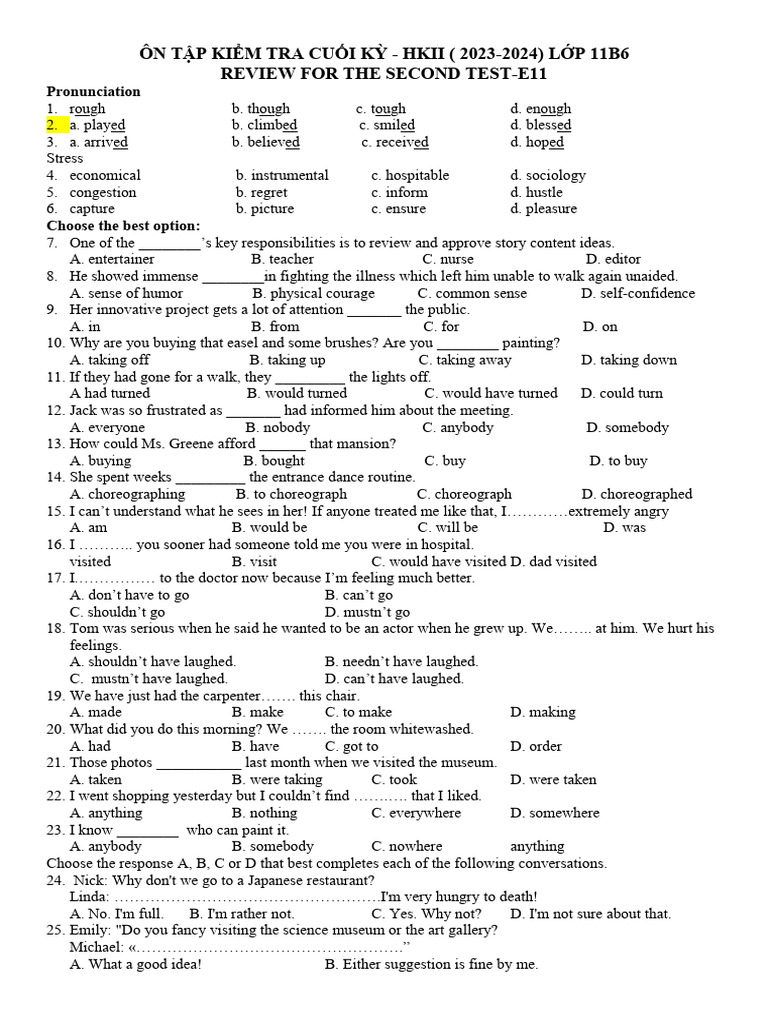 ĐỀ ÔN 11-HK2 | PDF