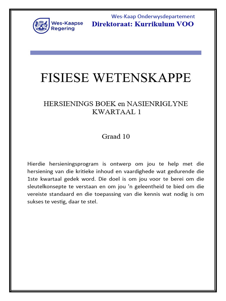 Fisiese Wetenskappe Graade 10 Kwartaal 1 Hersieningsboekie | PDF