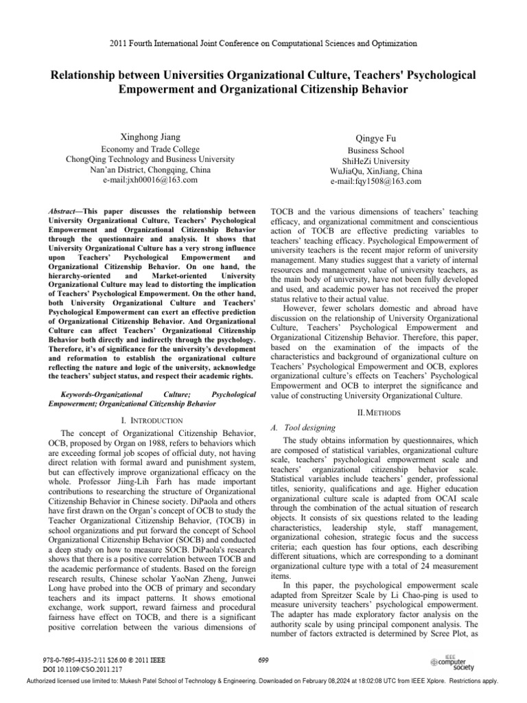 Relationship Between Universities Organizational Culture Teachers Psychological Empowerment and ...