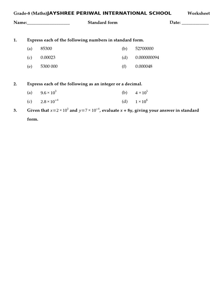 Grade 8 Maths: Standard Form Worksheet | PDF | Teaching Methods & Materials