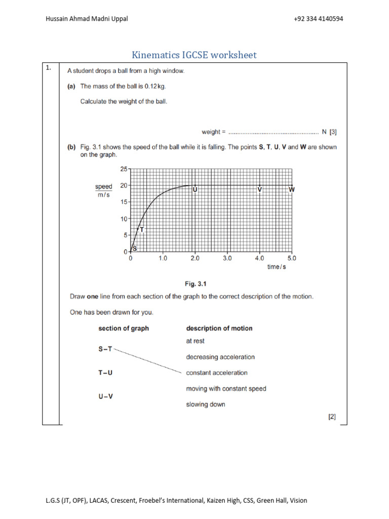 Kinematics IGCSE Worksheet by Hussain Ahmad | PDF