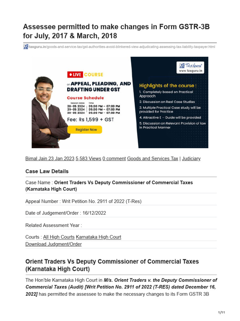 Taxguru - In-Assessee Permitted To Make Changes in Form GSTR-3B For ...