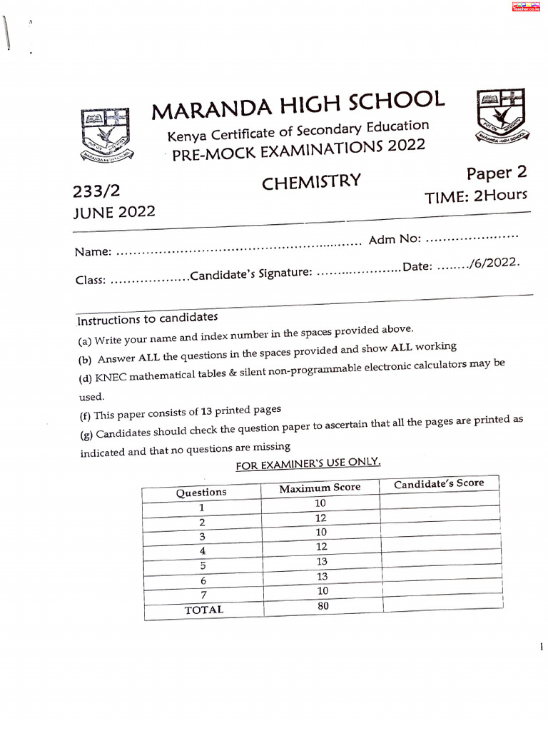 Maranda CHE P2 QSTN F4 Teacher Co Ke | PDF | Solubility | Melting