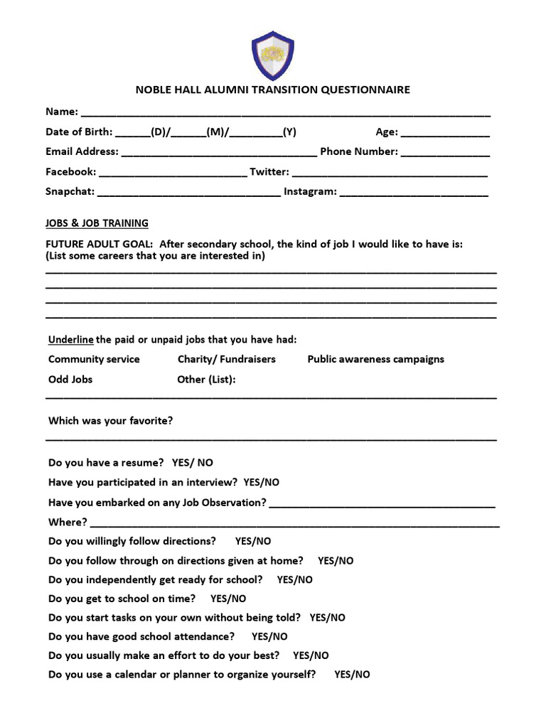 Noble Hall Alumni Transition Questionnaire | PDF | Recreation